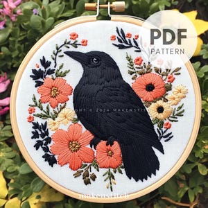 Raven Garden Hand Embroidery Pattern, Floral Crow Embroidery Design, Bird Embroidery Pattern ...