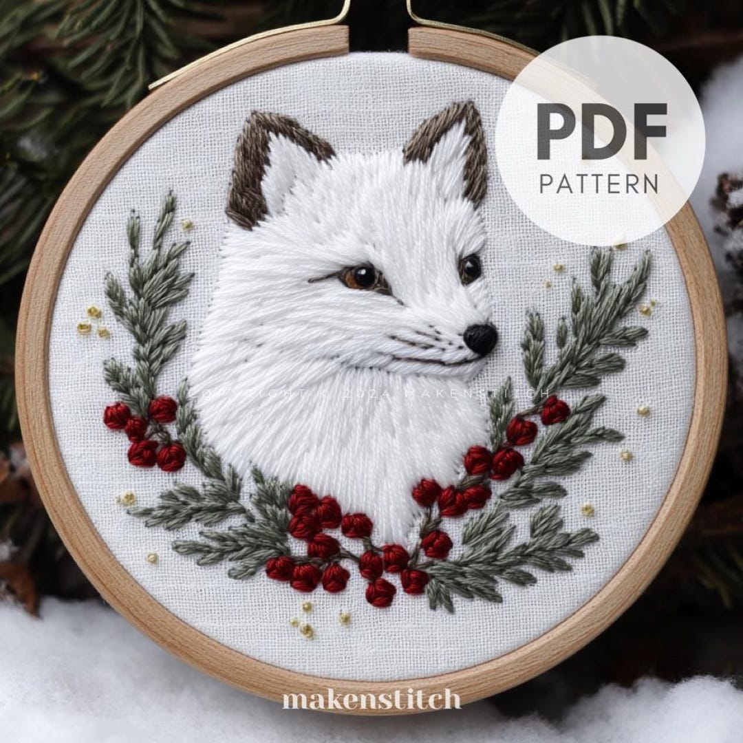 Arctic Fox Hand Embroidery Pattern, Winter Embroidery Pattern, White ...