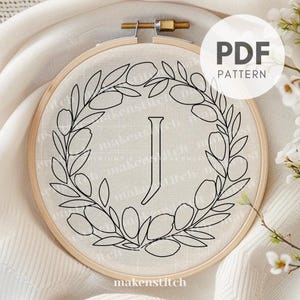 Floral Alphabet Letter J Hand Embroidery Pattern: Tulip Wreath (PDF ...