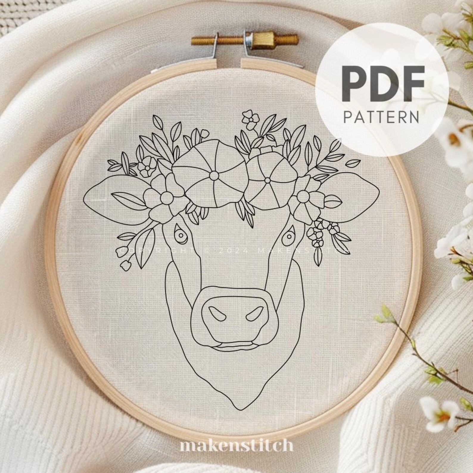 Floral Cow Hand Embroidery Pattern: Farmhouse Nursery Decor (PDF ...