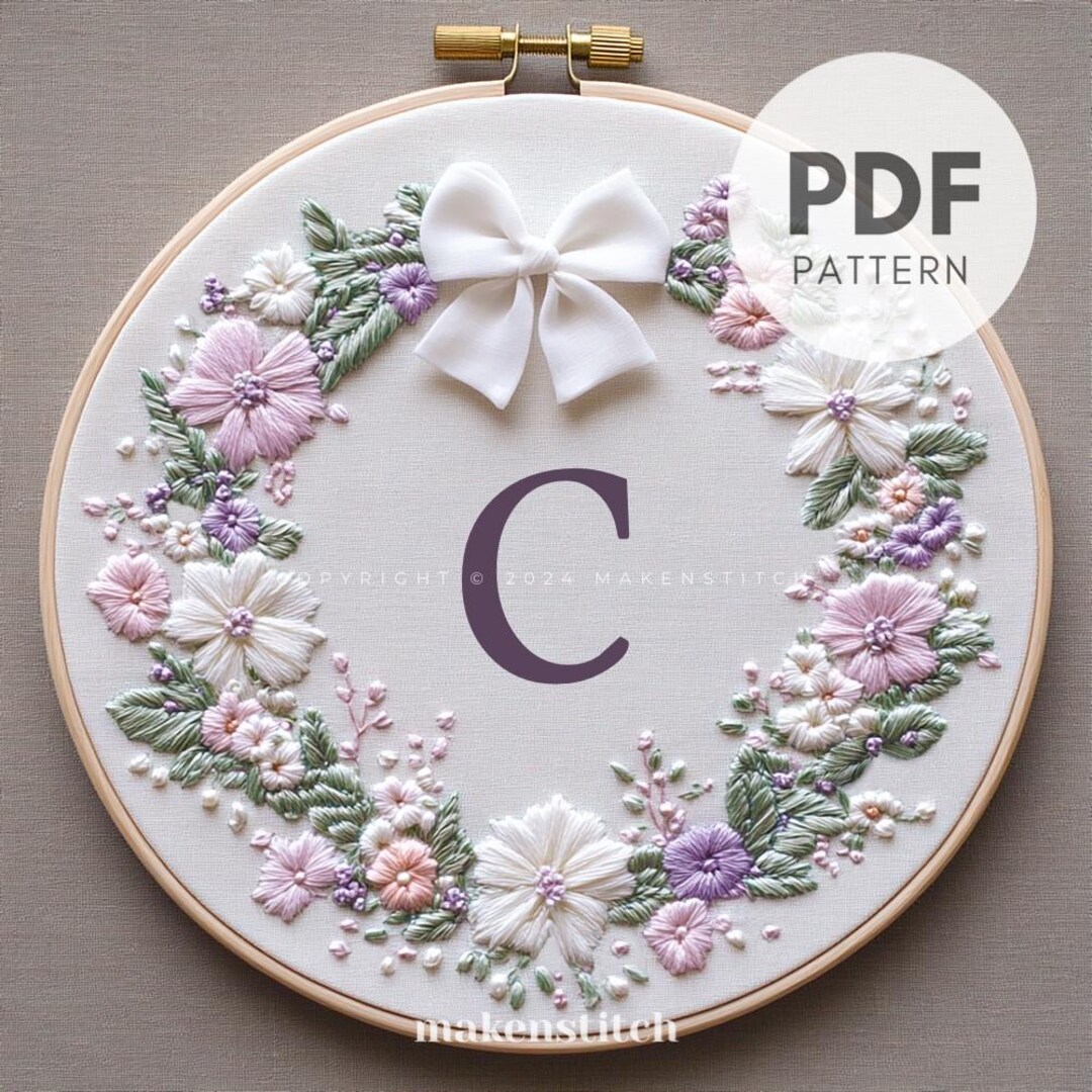 Floral Letter C Embroidery Pattern PDF, Floral Monogram Hand Embroidery ...