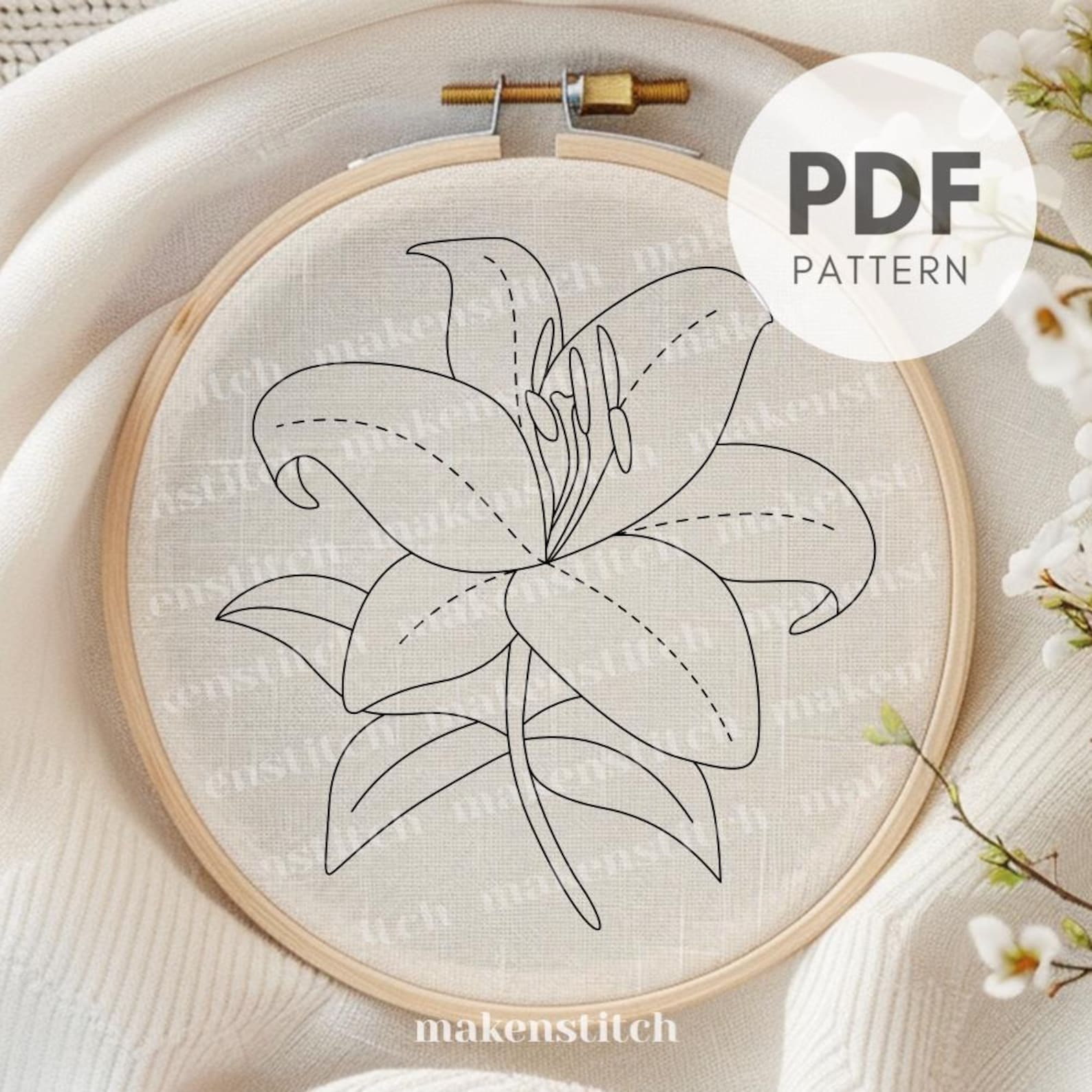White Lily Hand Embroidery Pattern PDF, Lily Flower Embroidery Design ...