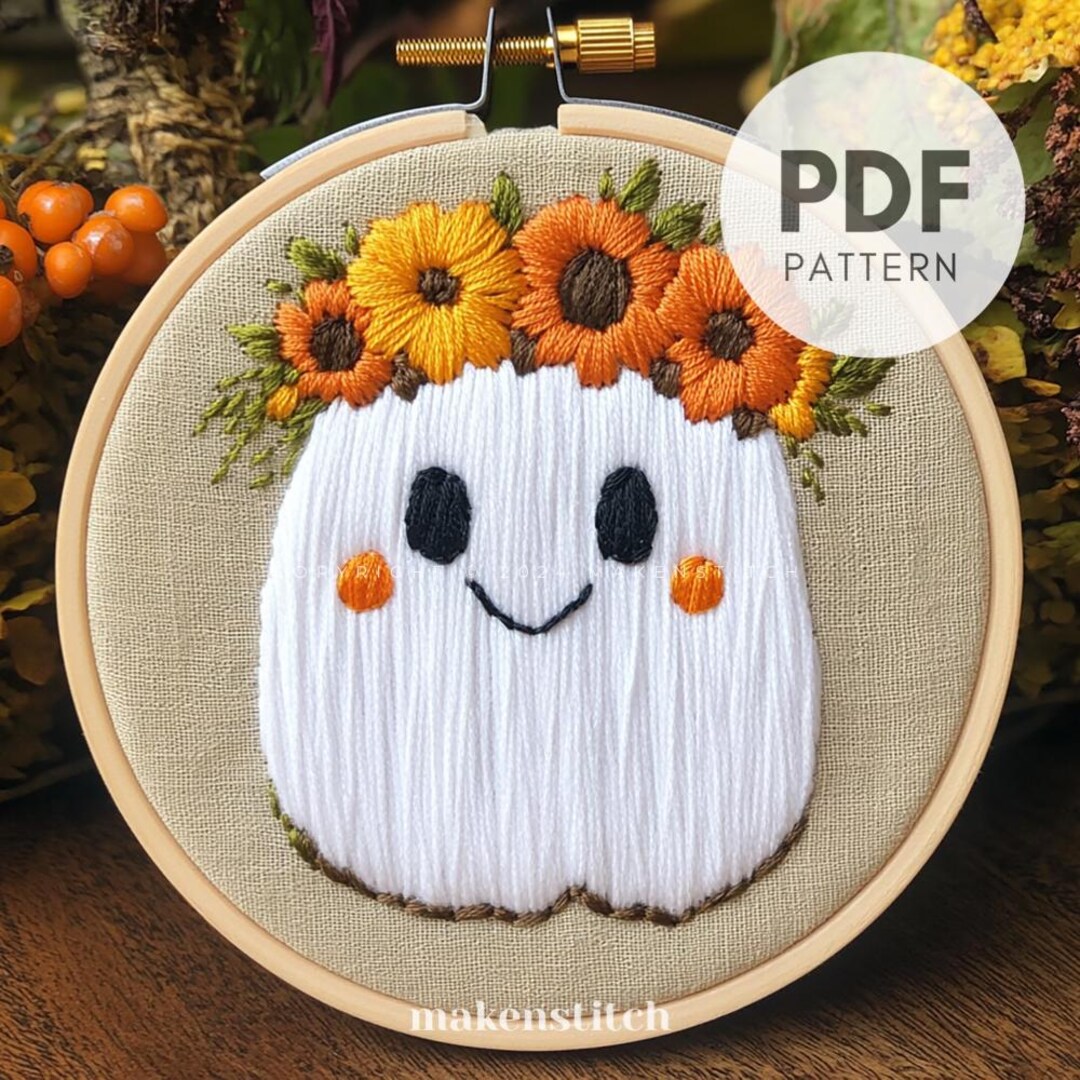 Floral Ghost Hand Embroidery Pattern, Ghost Embroidery Design ...