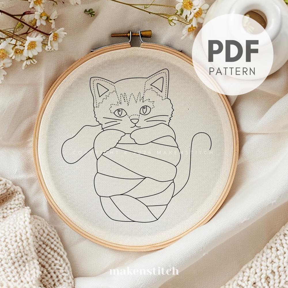 Cute Kitten Hand Embroidery Pattern PDF, Kitten Pattern, Playful Kitten ...