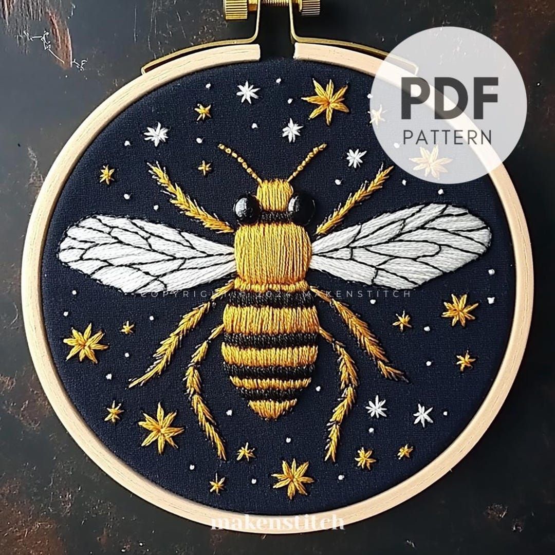 Golden Bee Hand Embroidery Pattern, Celestial Bee Embroidery Design ...