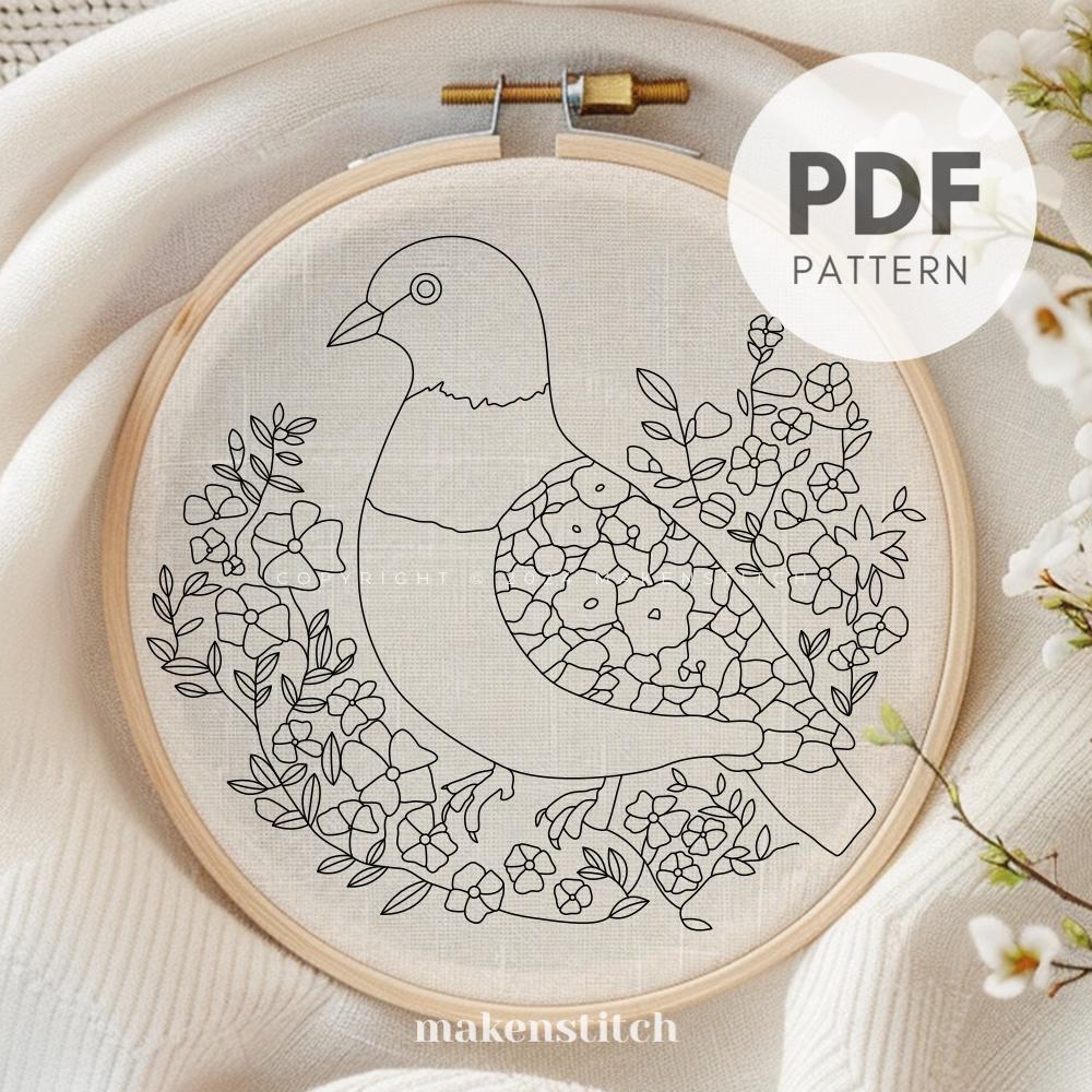 Floral Pigeon Hand Embroidery Pattern: Bird Design (PDF Pattern) - Etsy