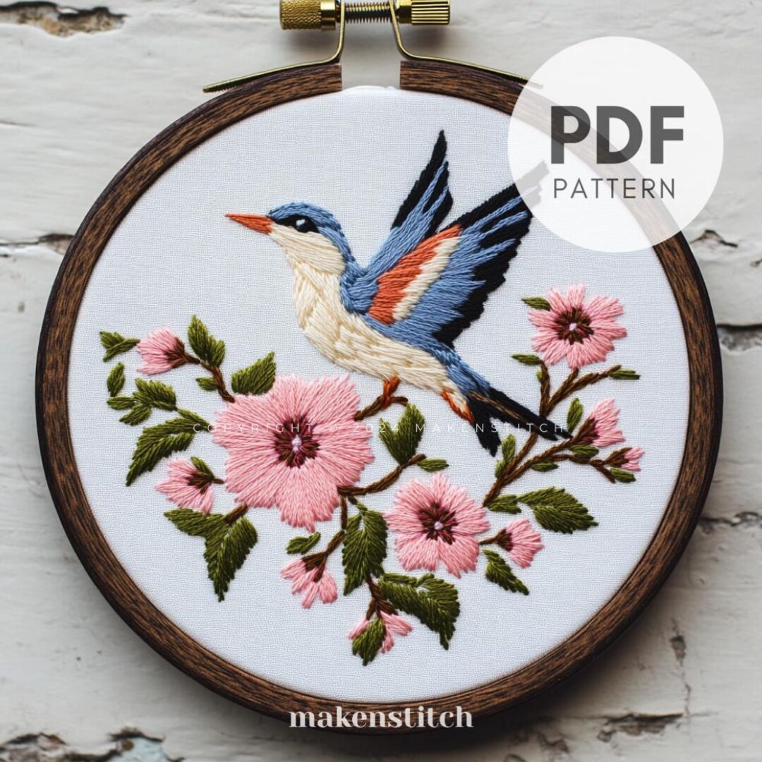 Floral Swallow Hand Embroidery Pattern, Swallow Embroidery Pattern ...