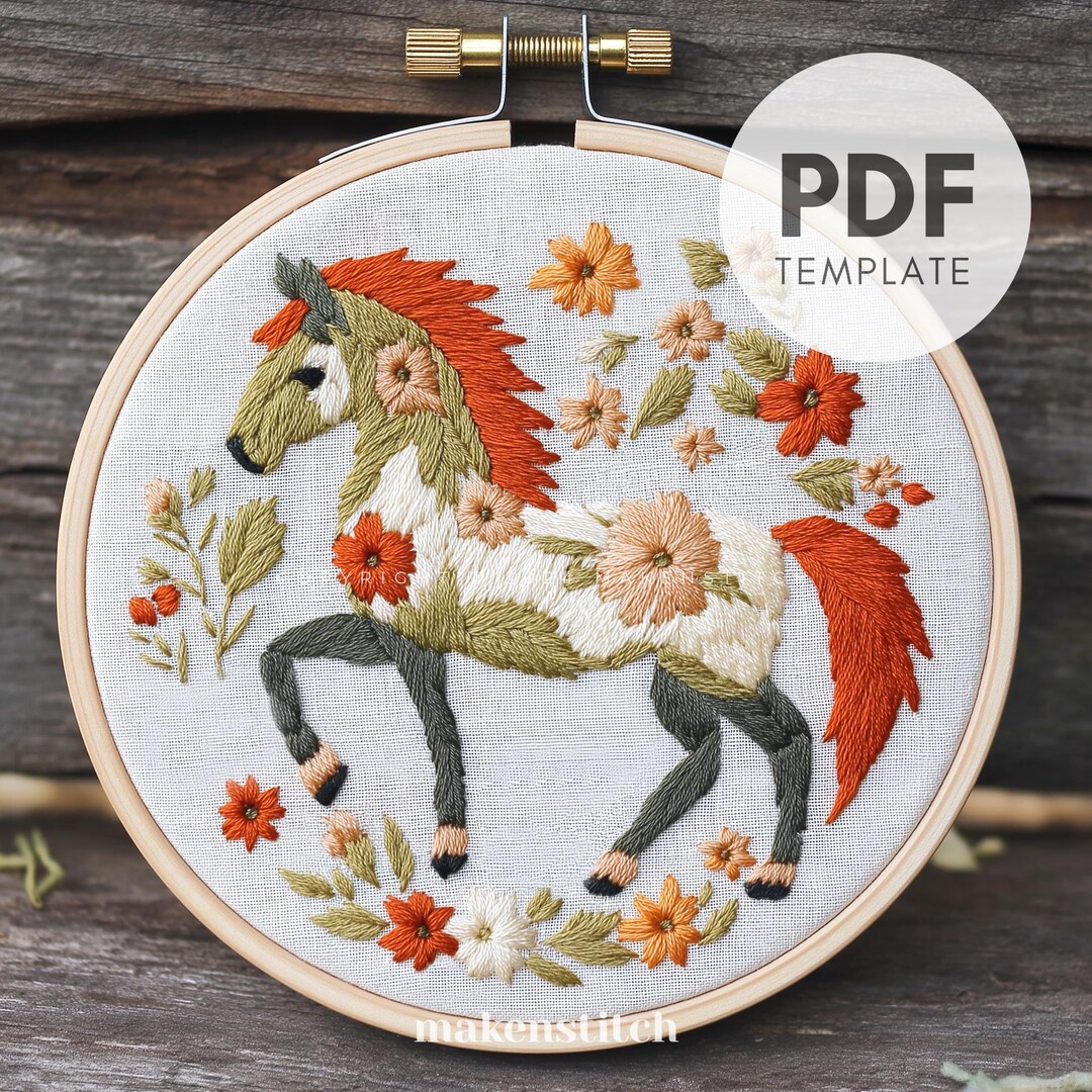 Floral Horse Hand Embroidery Pattern, Horse Pattern, Animal Hand ...