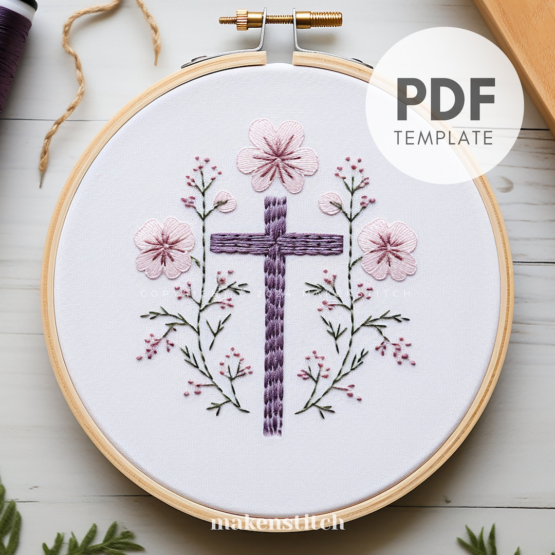 Christian Cross Hand Embroidery Pattern, Floral Cross Hand Embroidery ...
