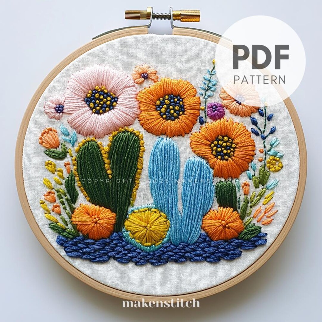 Flower Cactus Hand Embroidery Pattern PDF, Floral Desert Embroidery ...