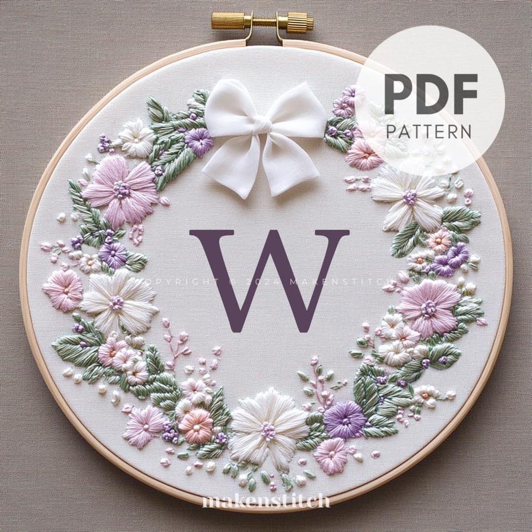 Floral Letter W Embroidery Pattern PDF, Flower Monogram Hand Embroidery ...