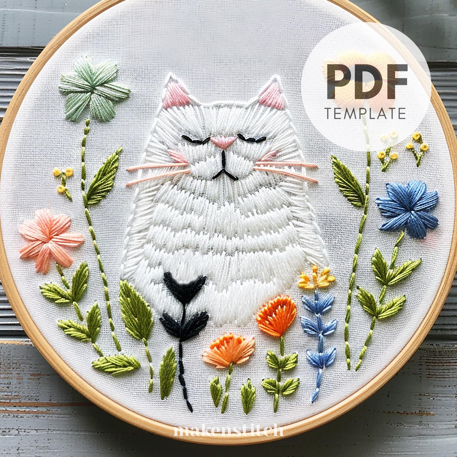 White Cat Hand Embroidery Pattern, Floral Cat Embroidery Pattern, Pet ...