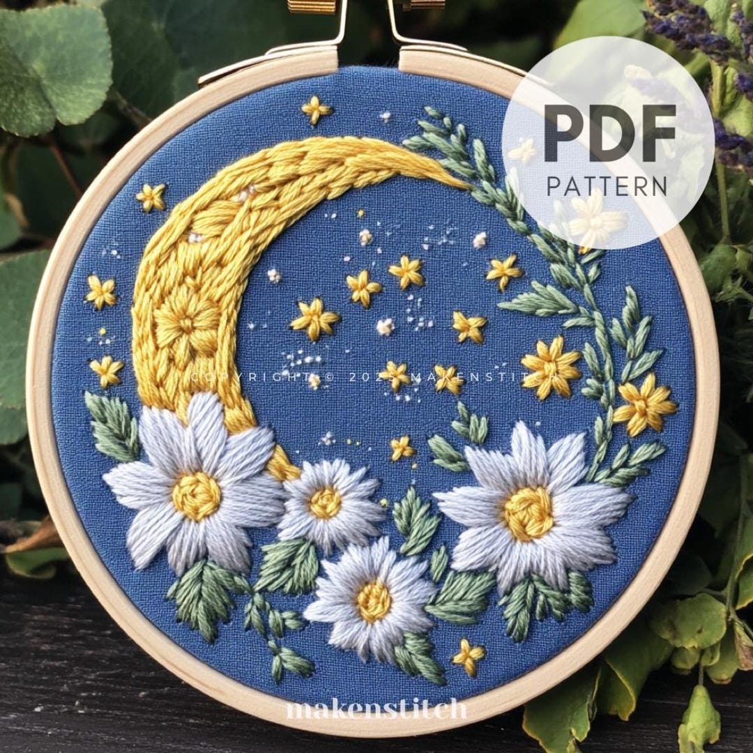 Moon With Daisies Embroidery Pattern, Celestial Pattern, Mystical ...
