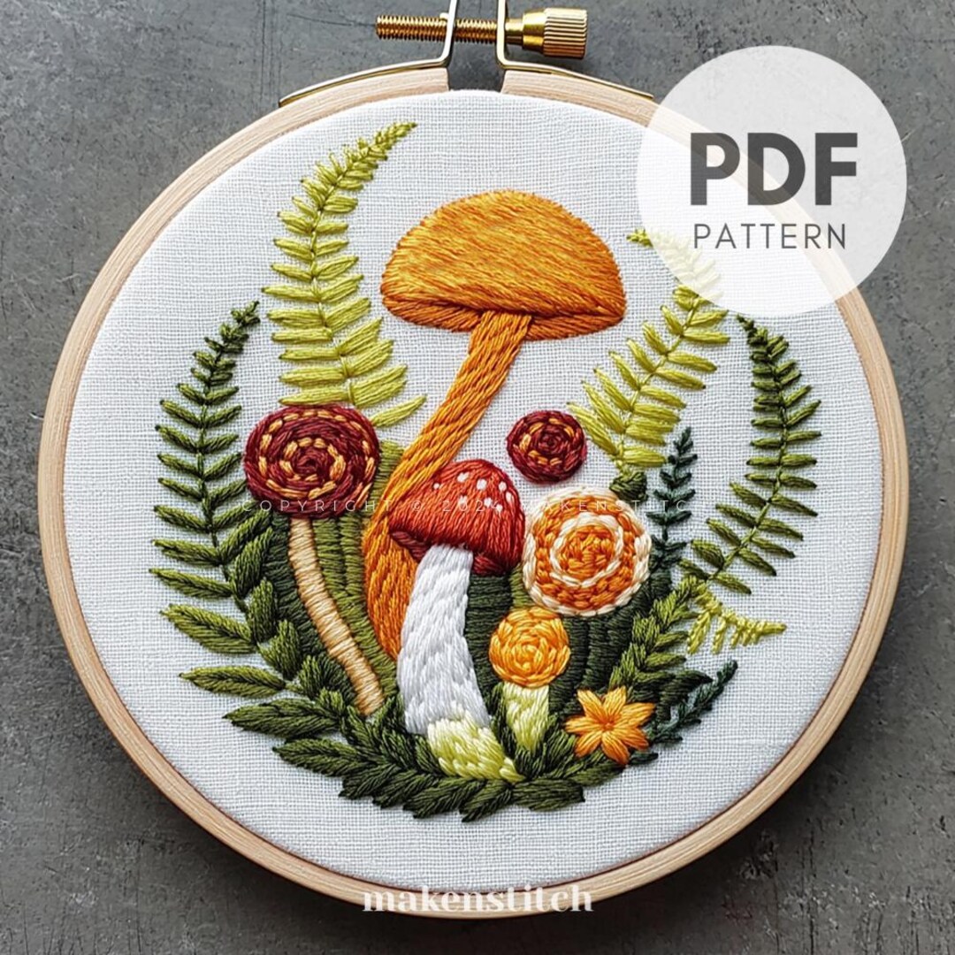 Fern & Mushroom Hand Embroidery Pattern: Woodland Decor (PDF Pattern ...
