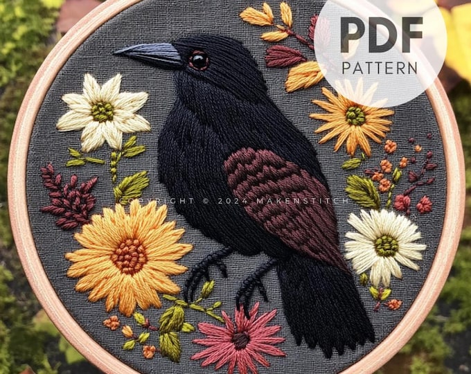 Floral Raven Embroidery Pattern, Black Bird Embroidery Design, Dark ...