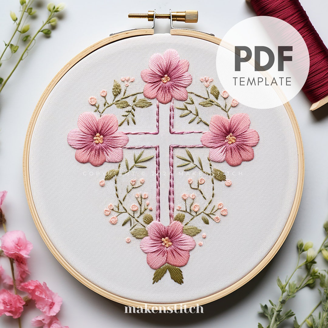 Pink Cross Hand Embroidery Pattern, Floral Cross Hand Embroidery ...