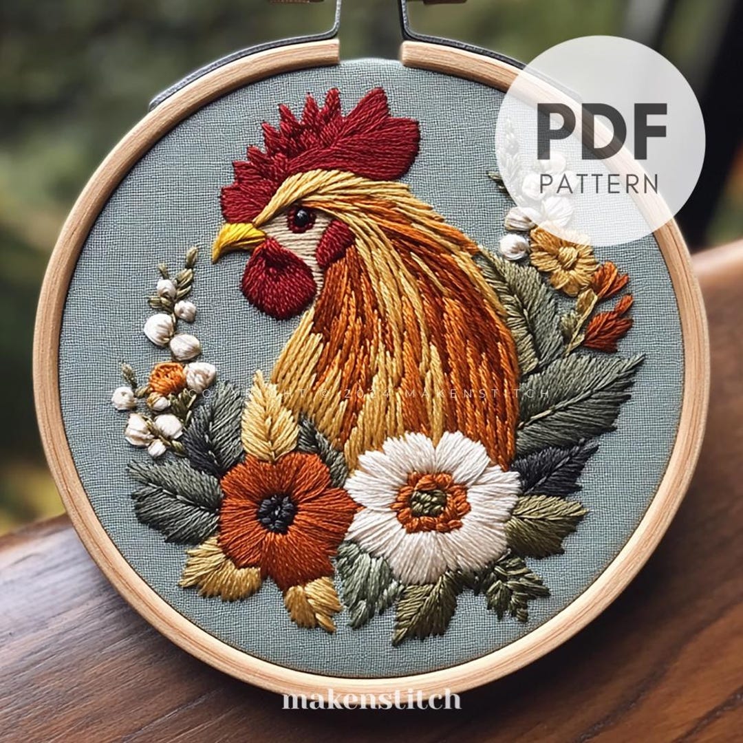 Floral Cockerel Hand Embroidery Pattern: Farmhouse Rooster Design (PDF ...