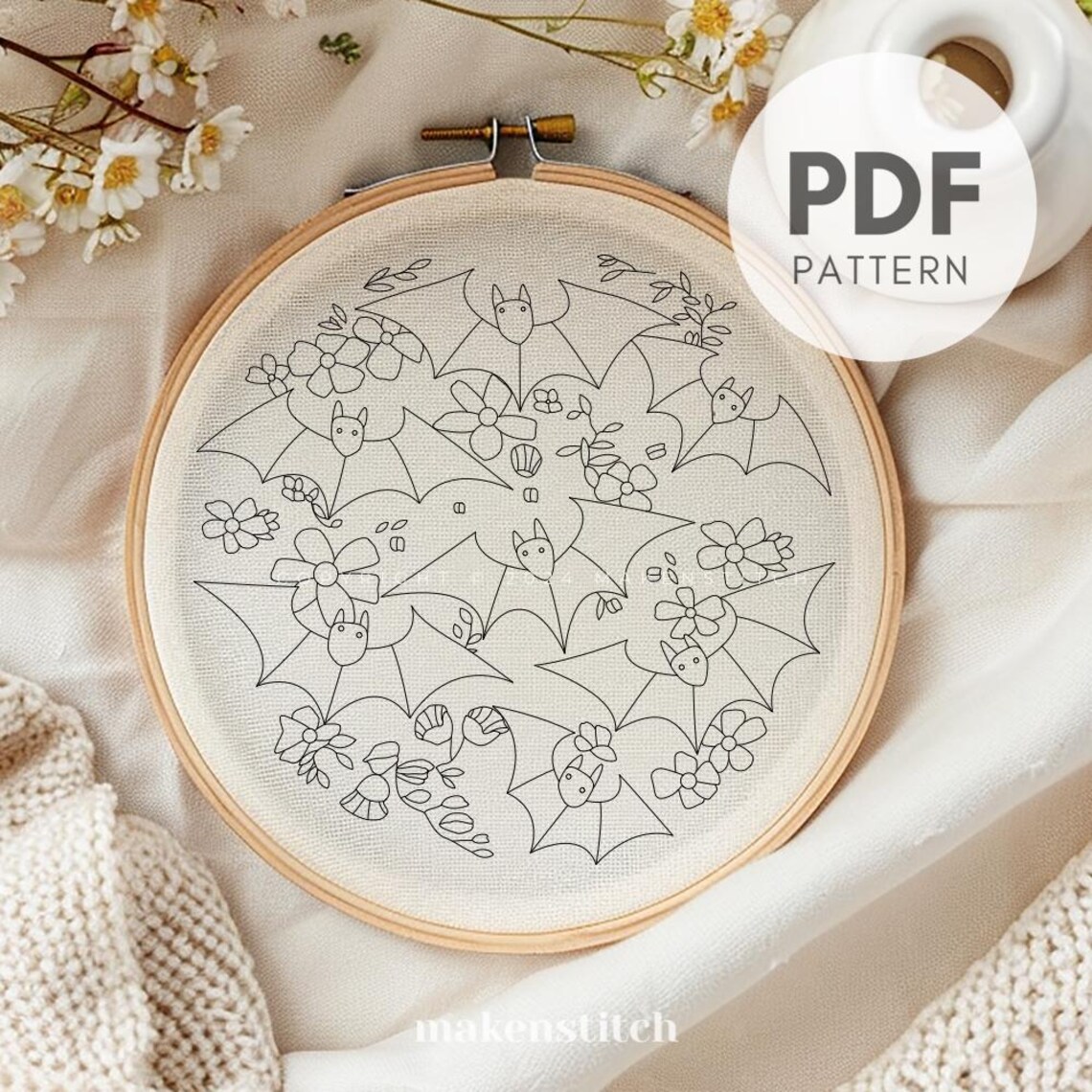 Halloween Bats & Flowers Hand Embroidery Pattern (PDF) - Etsy