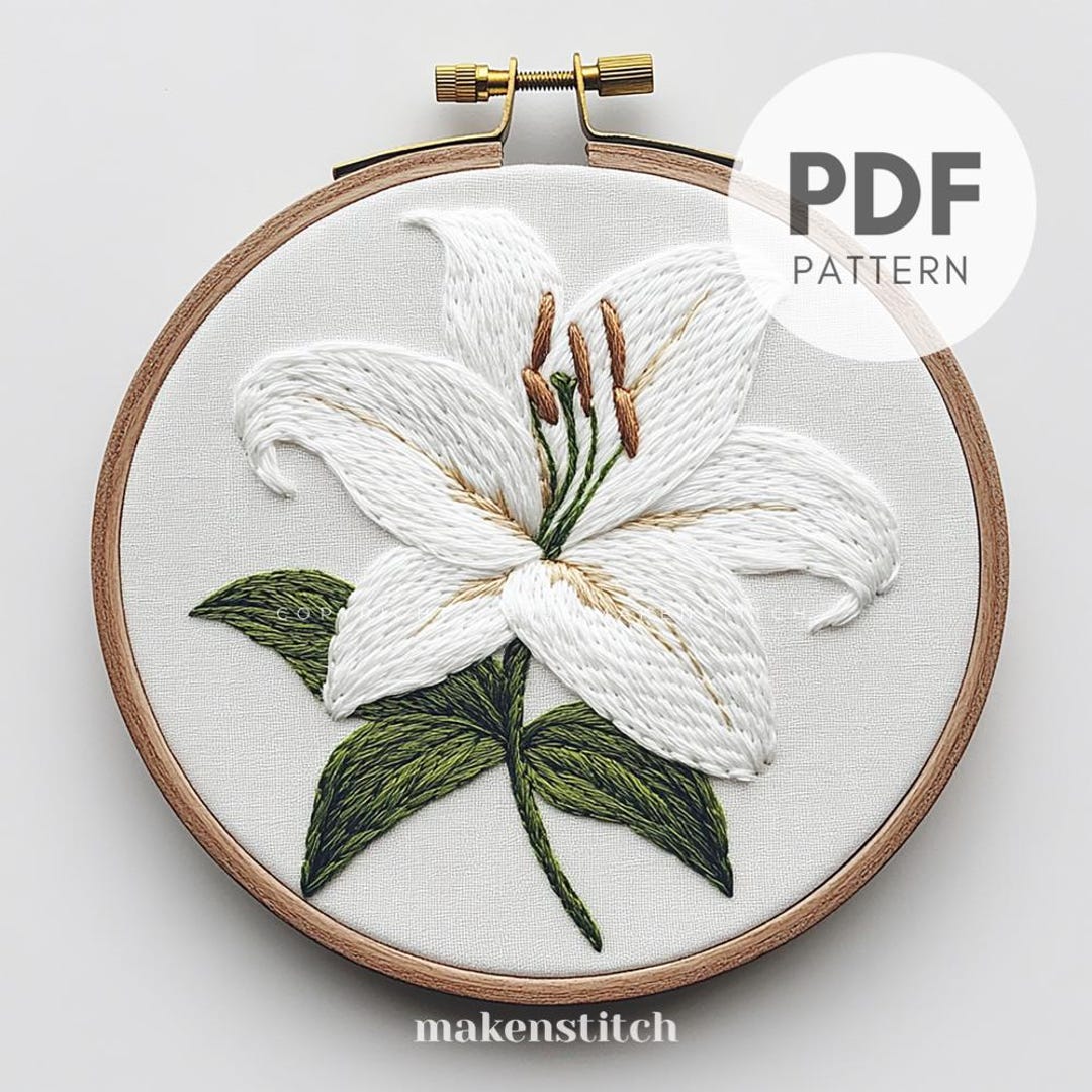White Lily Hand Embroidery Pattern PDF, Lily Flower Embroidery Design ...