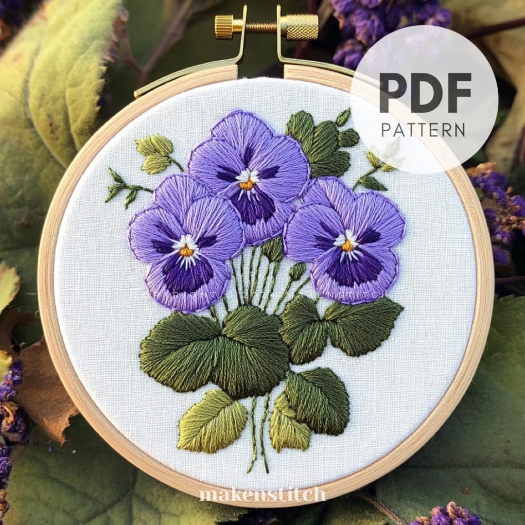Purple Pansy Hand Embroidery Pattern, Pansy Embroidery Design, Pansies ...