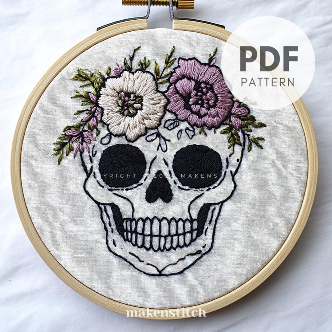 Floral Skull Hand Embroidery Pattern: Gothic Halloween Decor (PDF ...