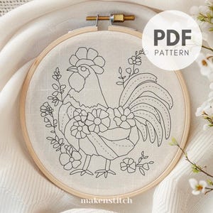Floral Rooster Hand Embroidery Pattern: Folk Art Chicken (PDF Pattern ...