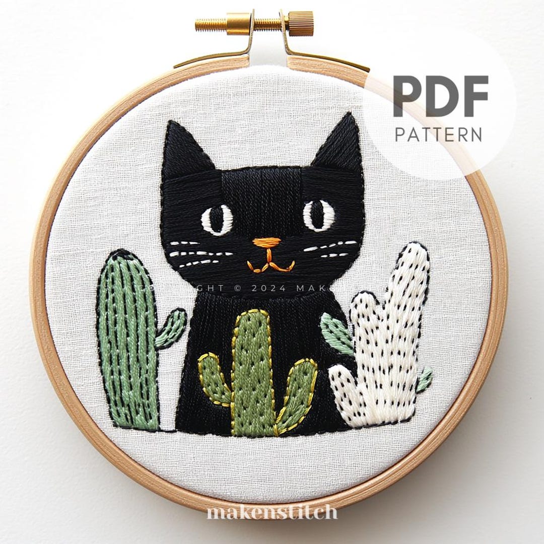 Cactus Kitty Hand Embroidery Pattern, Black Cat and Cacti Hand ...
