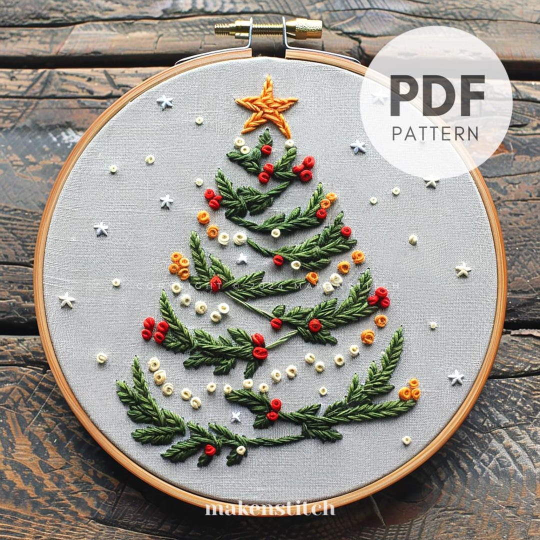 Festive Christmas Tree Hand Embroidery Pattern, Christmas Embroidery ...