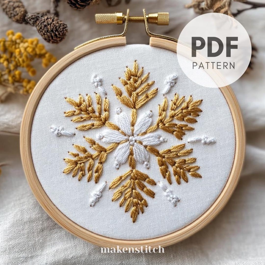 Snowflake Hand Embroidery Pattern: Gold & White Christmas Ornament (PDF ...