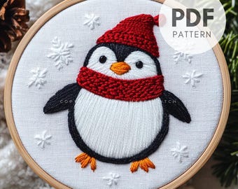 Cute Penguin Hand Embroidery Pattern, Christmas Embroidery Pattern ...