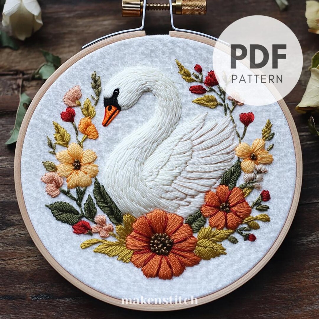 Floral Swan Hand Embroidery Pattern, Bird Embroidery Pattern, Swan ...