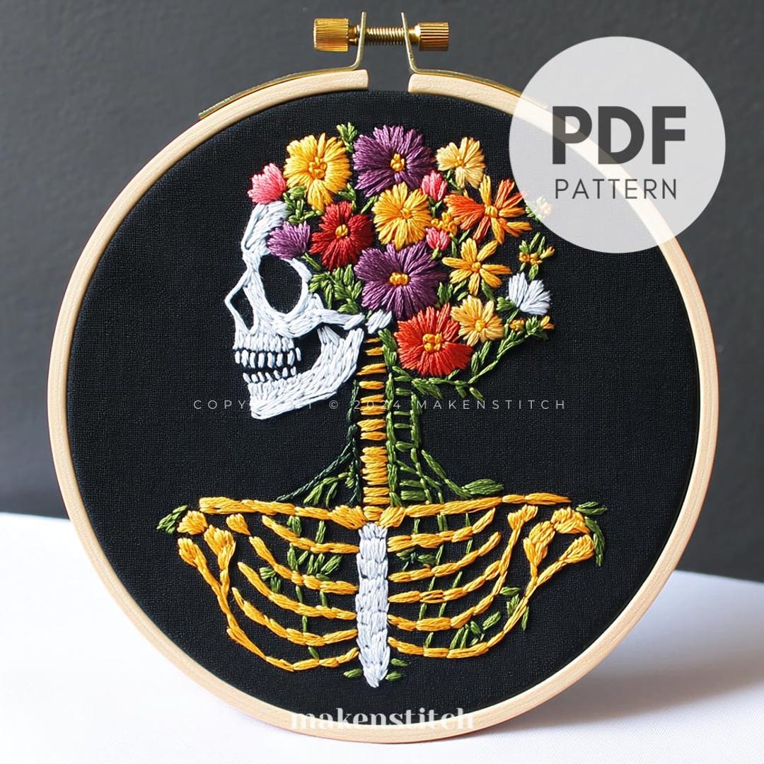 Halloween Skeleton Hand Embroidery Pattern, Skeleton Embroidery Design ...