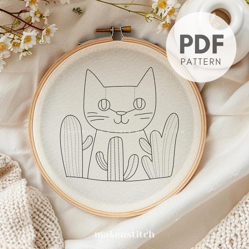 Cactus Kitty Hand Embroidery Pattern: Modern Needlework (PDF Download ...