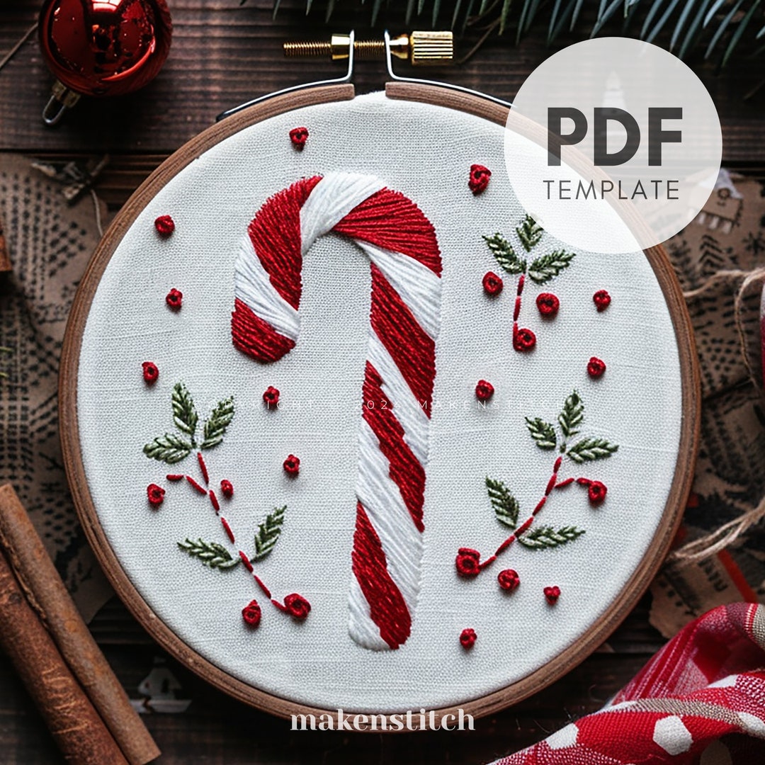 Candy Cane Hand Embroidery Pattern, Christmas Embroidery Design, Winter ...