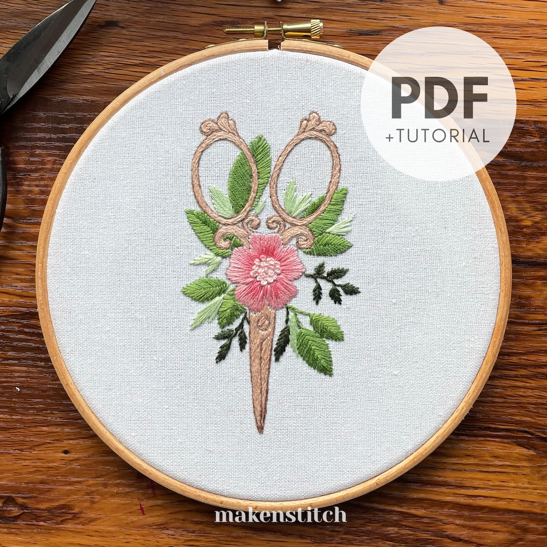 Floral Scissors Hand Embroidery Pattern, Floral Hand Embroidery Design ...