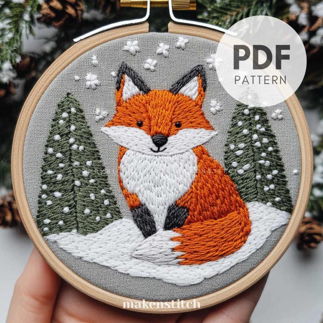 Christmas Fox Hand Embroidery Pattern, Fox Embroidery Design, Winter ...
