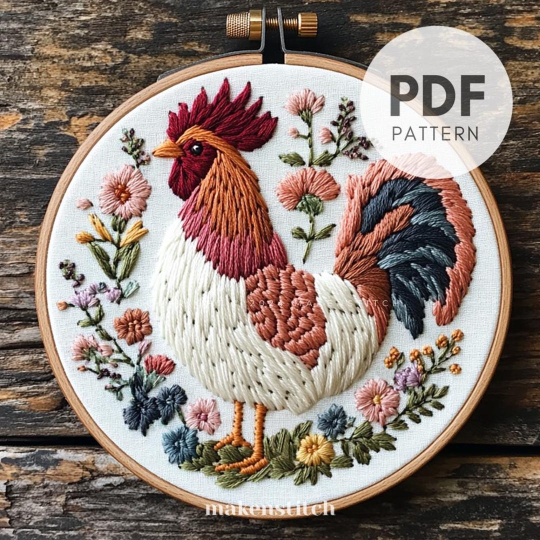 Floral Hen Hand Embroidery Design, Chicken Embroidery Pattern, Rustic ...