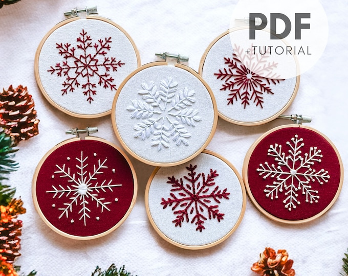 Snowflake Hand Embroidery Design, Set of 6 Ornaments, Snowflake Hand ...