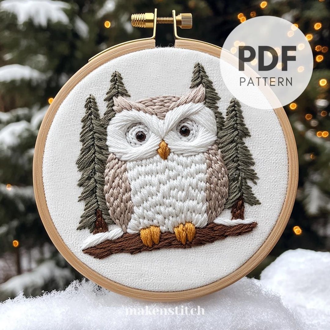 Winter Owl Embroidery Pattern, Woodland Hand Embroidery Design, Winter ...
