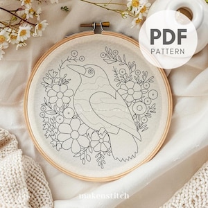 Raven Garden Hand Embroidery Pattern, Floral Crow Embroidery Design ...