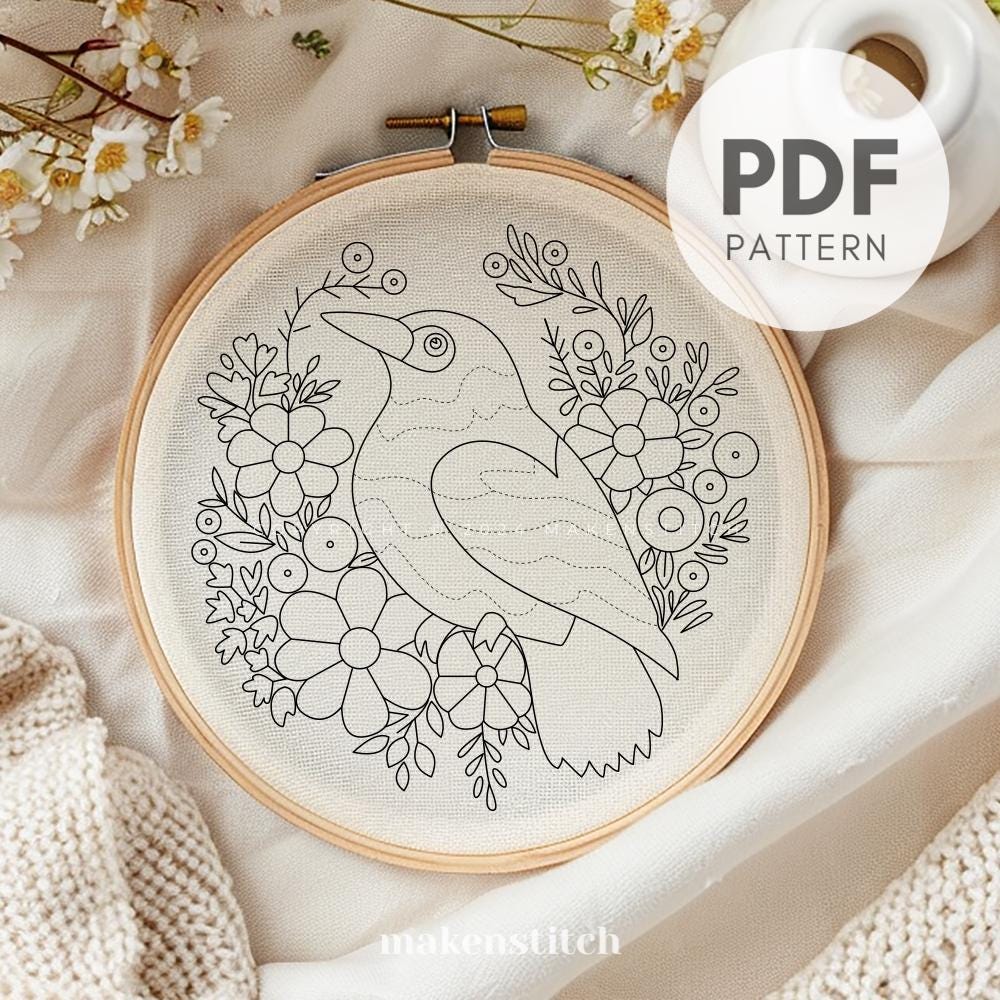 Raven Garden Hand Embroidery Pattern, Floral Crow Embroidery Design ...