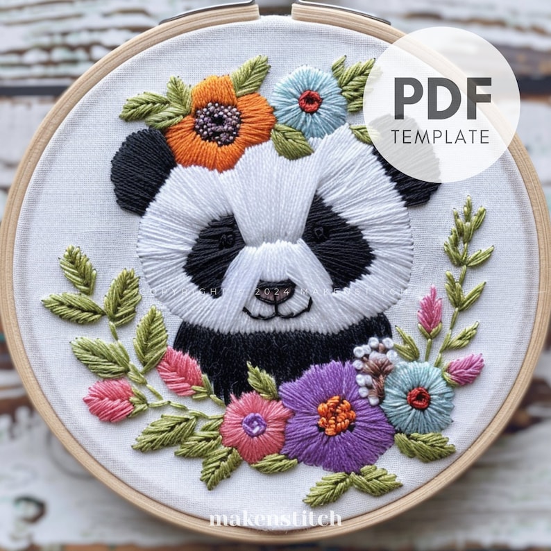 Panda Floral Hand Embroidery Pattern: Beginner Animal Design (PDF) - Etsy