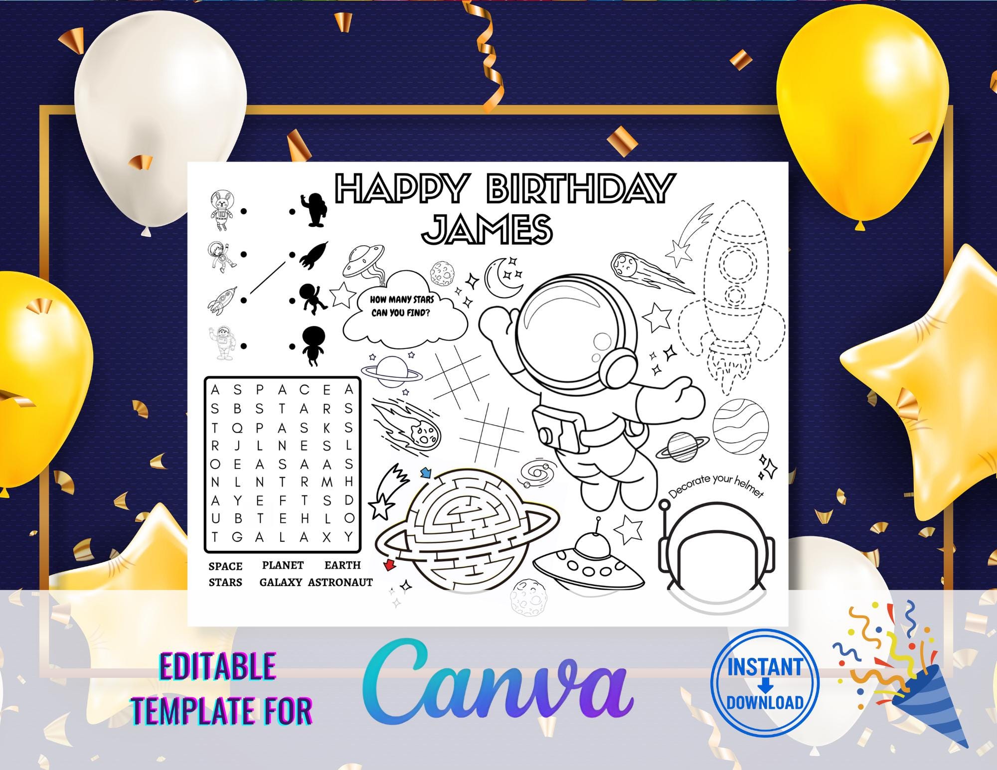 OUTER SPACE BIRTHDAY Coloring Page Printable, Personalized Space ...