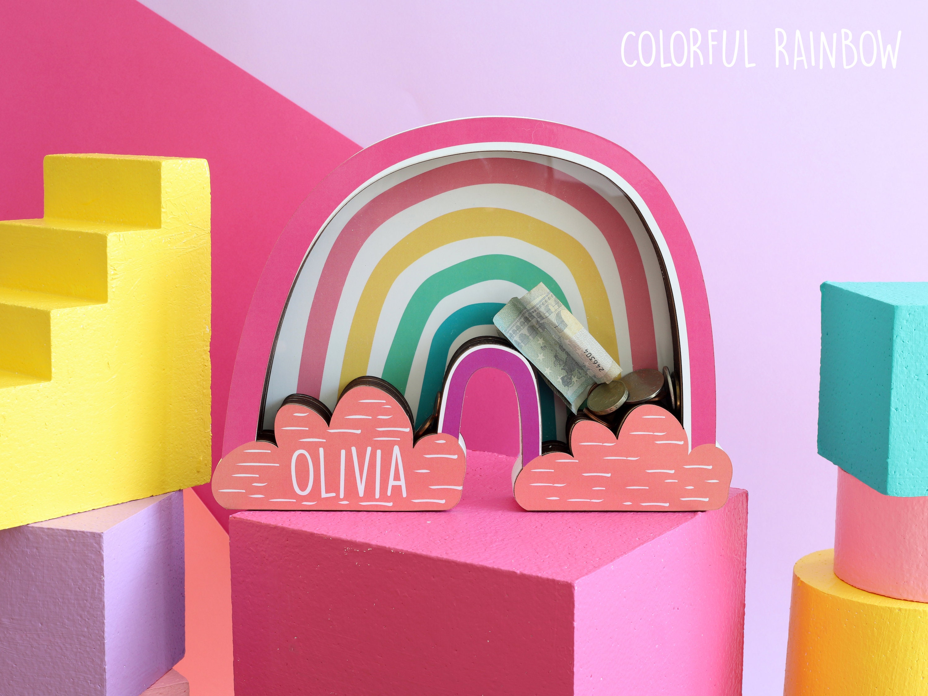 Personalized Pink Rainbow Piggy Bank, Pinky Rainbow Money Box, Custom ...