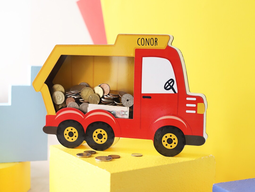 Personalized Dump Truck Piggy Bank, Wooden Construction Gift for Boys ...