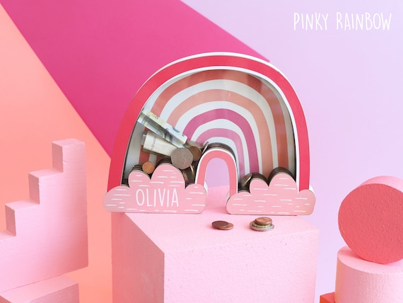 Personalized Pink Rainbow Piggy Bank Pinky Rainbow Money Box - Etsy