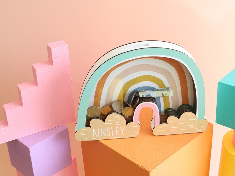 Custom Rainbow Money Box, Pastel Neutral Rainbow Decor, Nursery Name ...