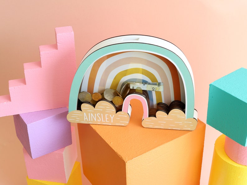 Custom Rainbow Money Box, Pastel Neutral Rainbow Decor, Nursery Name ...