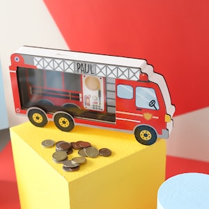 Personalized Fire Truck Piggy Bank, Custom Name Money Box, Fire Truck ...