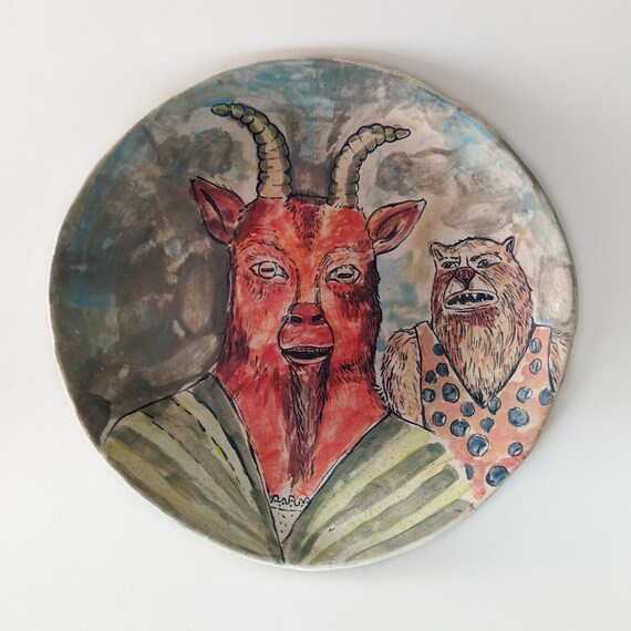 Goat and Bear in Bohemian Dress Portrait Handmade Ceramic Bowl | Etsy